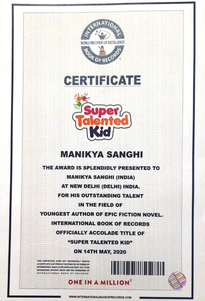 Manikya is now a ‘SUPER TALENTED KID- ONE IN A MILLION’ AWARD WINNER at ...